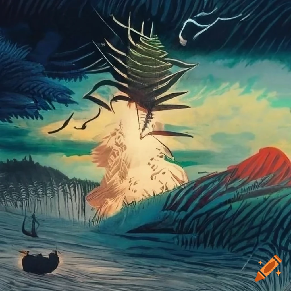 Stone lithograph of feather clouds in a stormy sky with Islamic ...