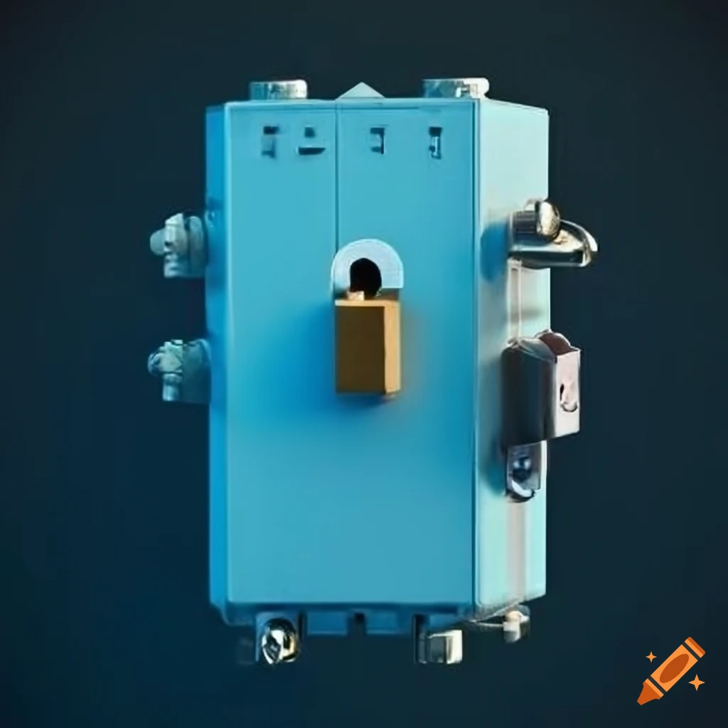 Electrical material junction box, breaker, and padlock on the ground on ...