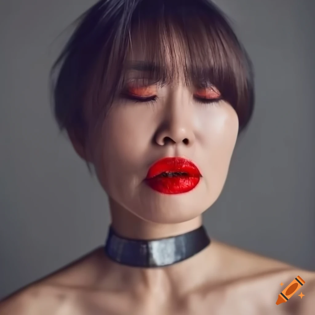 Japanese woman with red lips and black hair wearing a choker on Craiyon