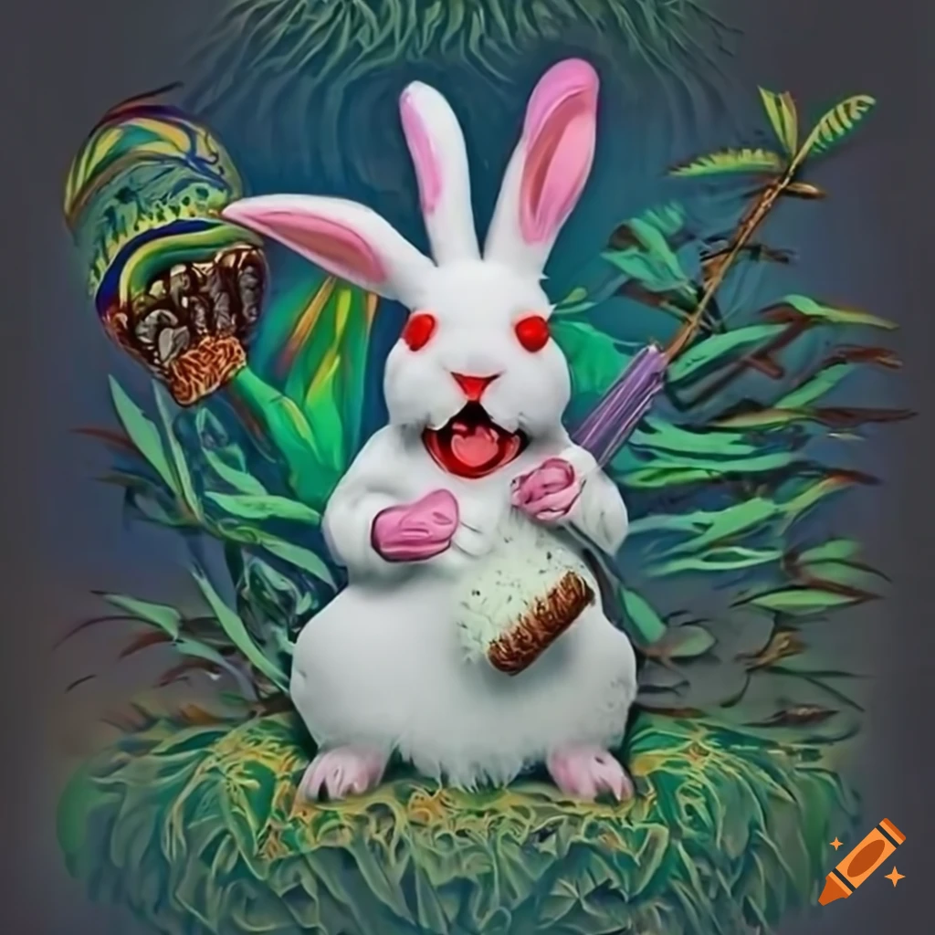 Psychedelic easter bunny smokes marihuana bong on Craiyon