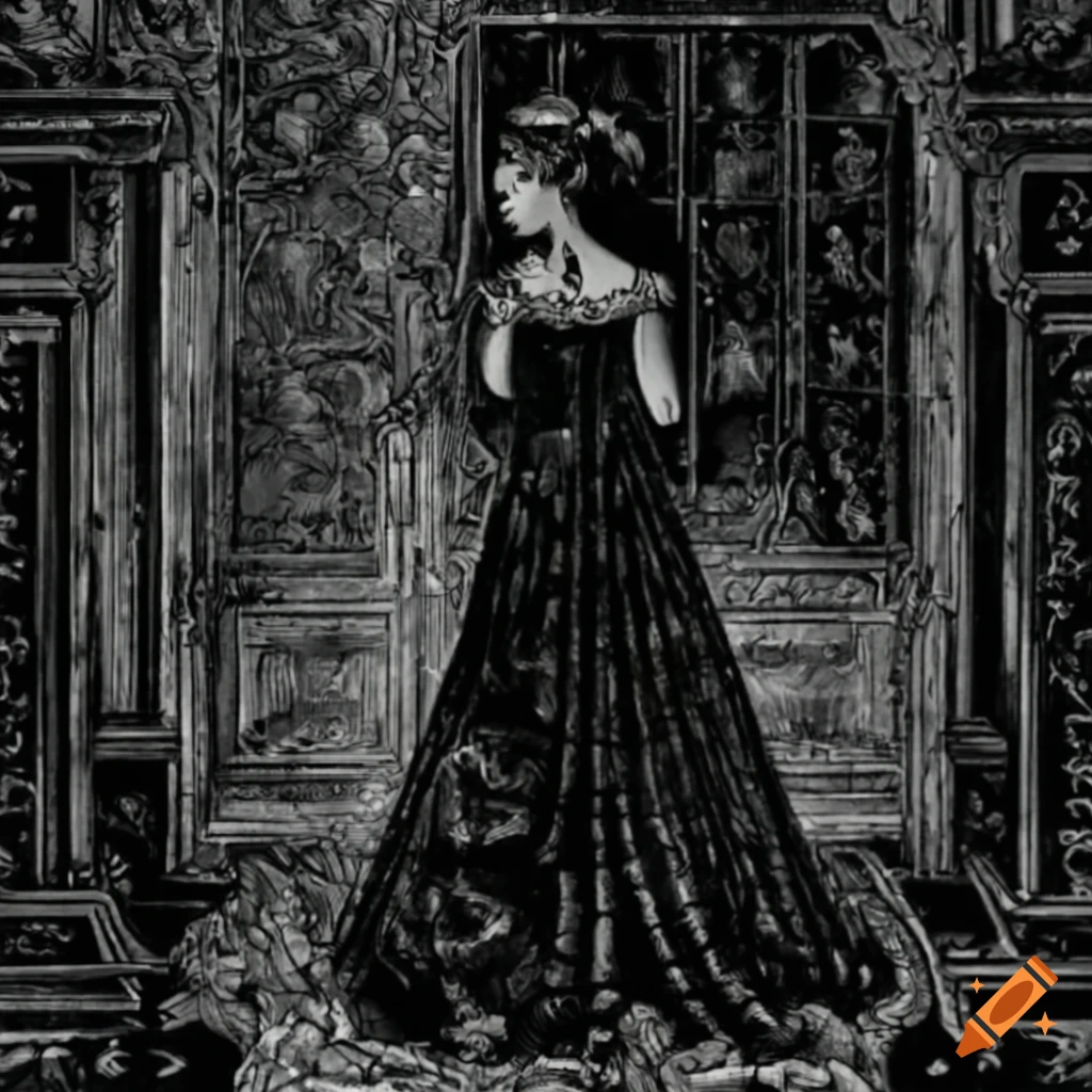Intricately-detailed illustration of Christine Daae in a dimly-lit room ...