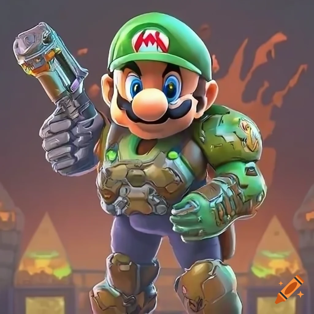 Mario and doom slayer rescuing the princess in a castle on Craiyon