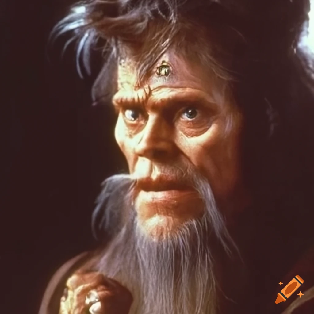 Willem dafoe in wizard attire holding shining orbs in a fantasy film ...