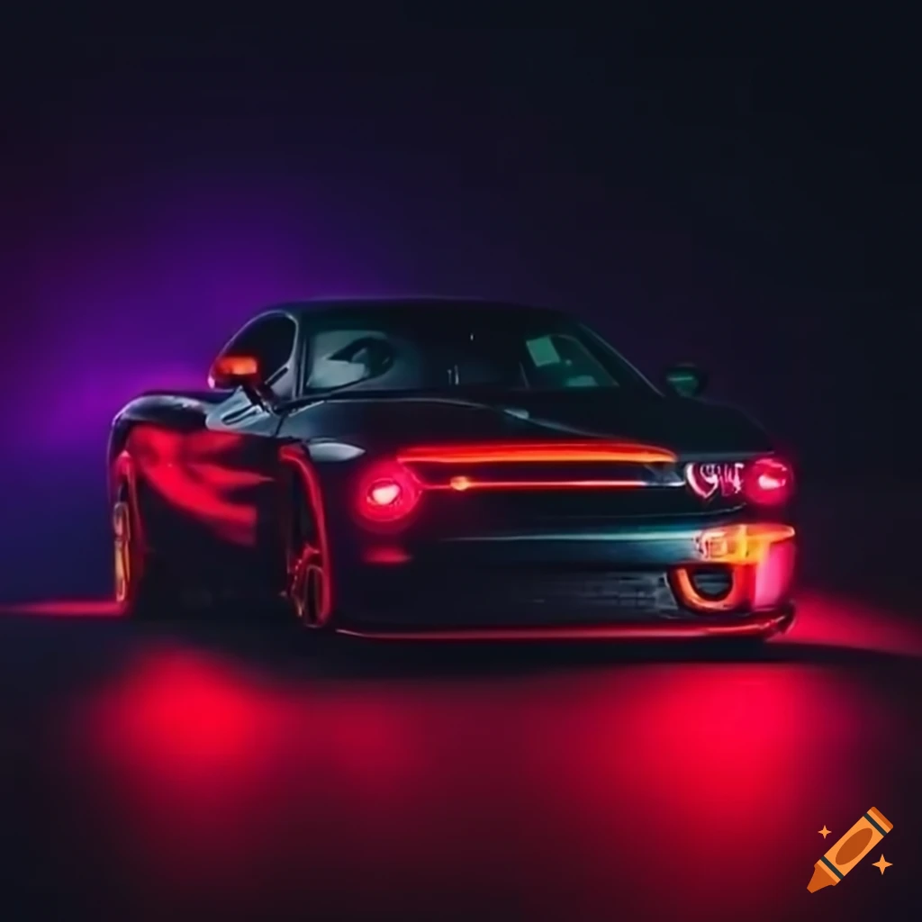 Black hellcat car with glowing red lights and underglow at a 45 degree ...