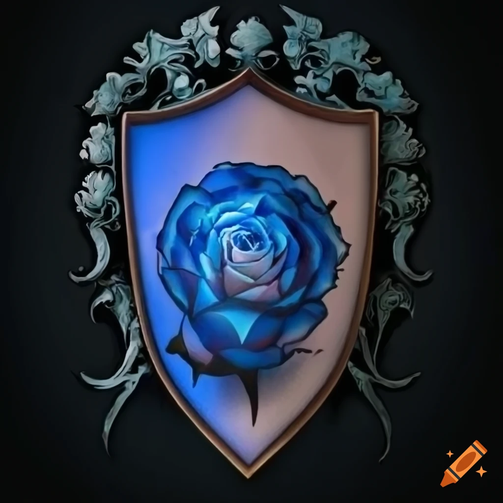 Sigil shield with blue rose on black background on Craiyon