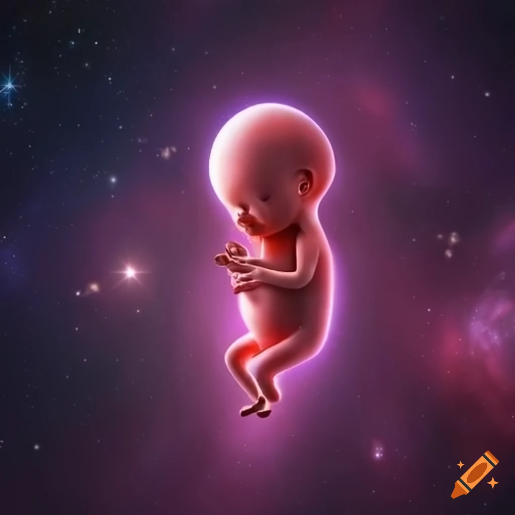 Curious fetus flying through cosmos connected to the stars by umbilical ...
