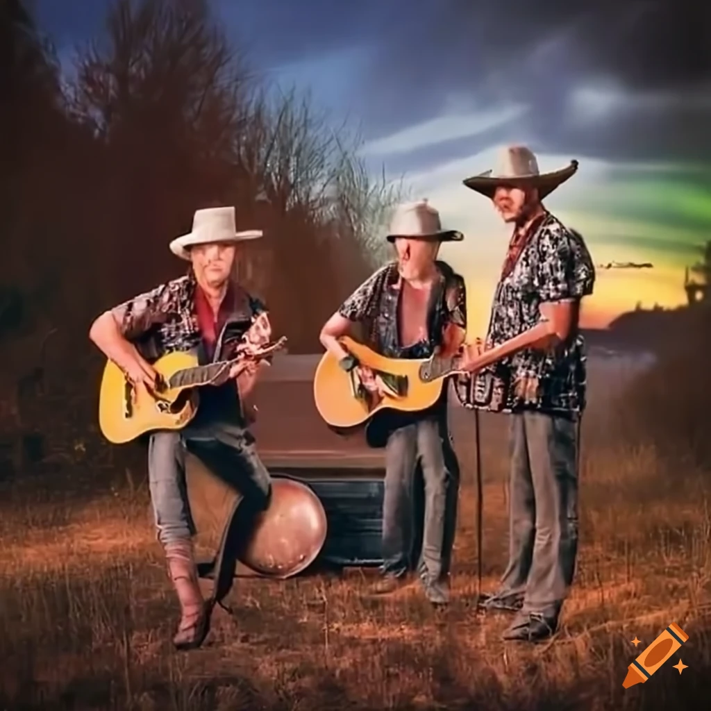 Hillbilly band playing music in the countryside with an old pickup ...