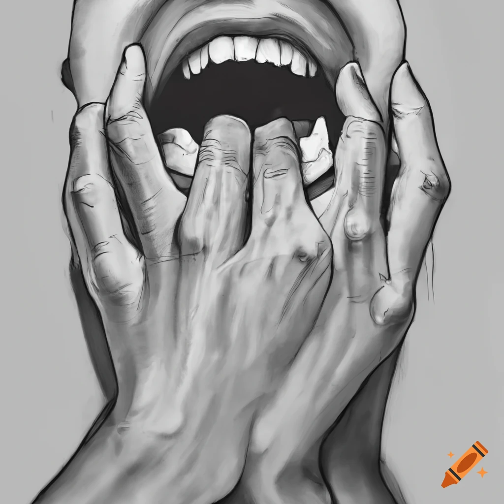 Black and white drawing of a mouth covered by hands on Craiyon