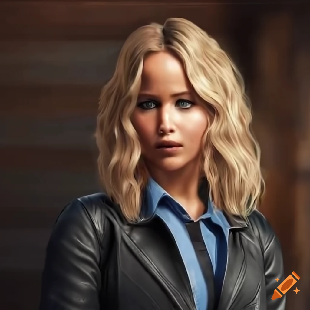 Blonde actress with country plaid shirt and black leather jacket on Craiyon