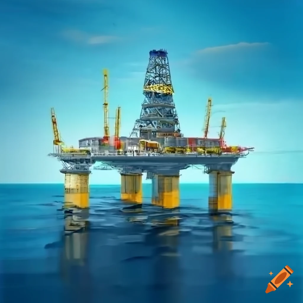 Bird's eye view of a high-tech offshore oil rig architecture on Craiyon