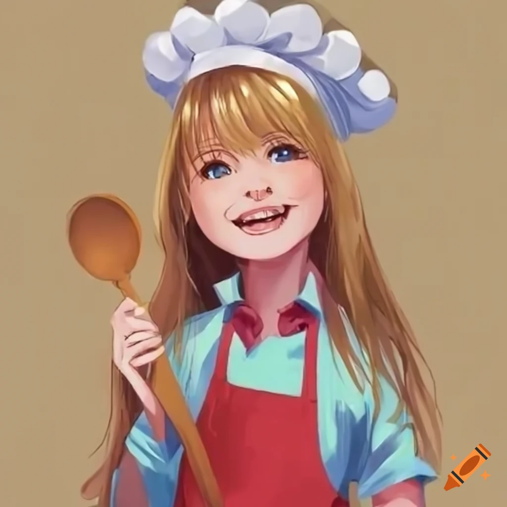 Cheerful cartoon girl child chef with blonde hair and chef hat holding ...