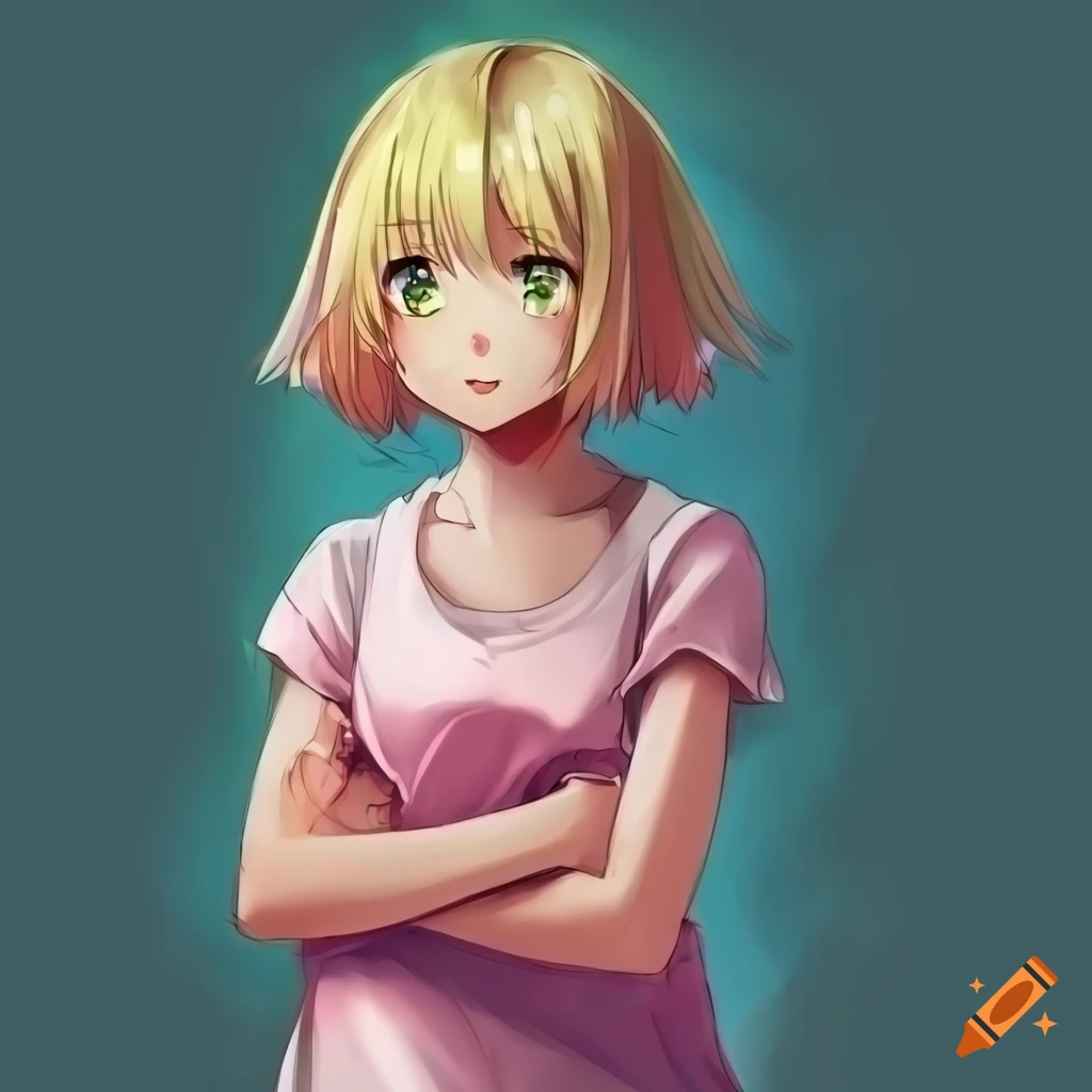 Anime Girl With Blonde Hair And Green Eyes Wearing A Pink Sleeveless T Shirt And Crossed Arms On
