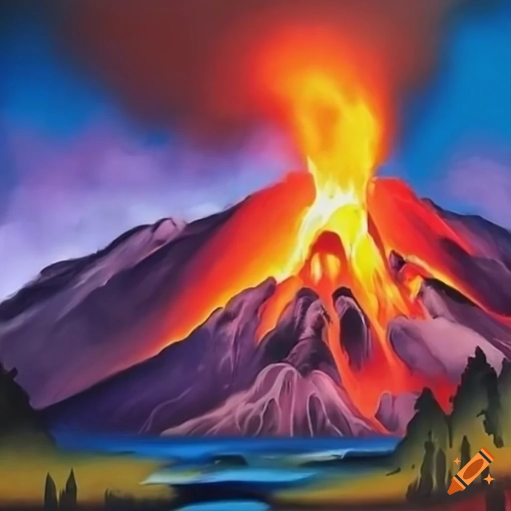 Volcano eruption captured in an oil painting style by bob ross on Craiyon
