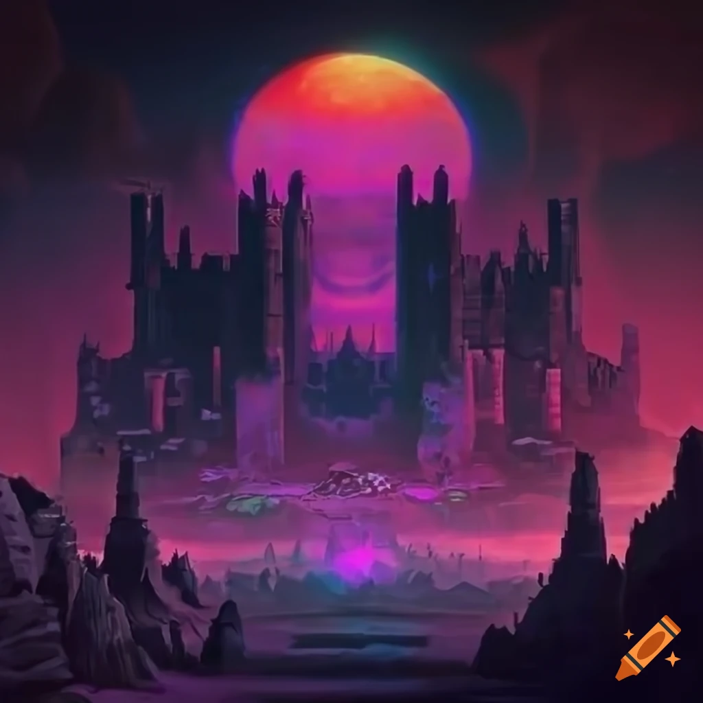 Retrowave space castle in a dark fantasy setting on Craiyon