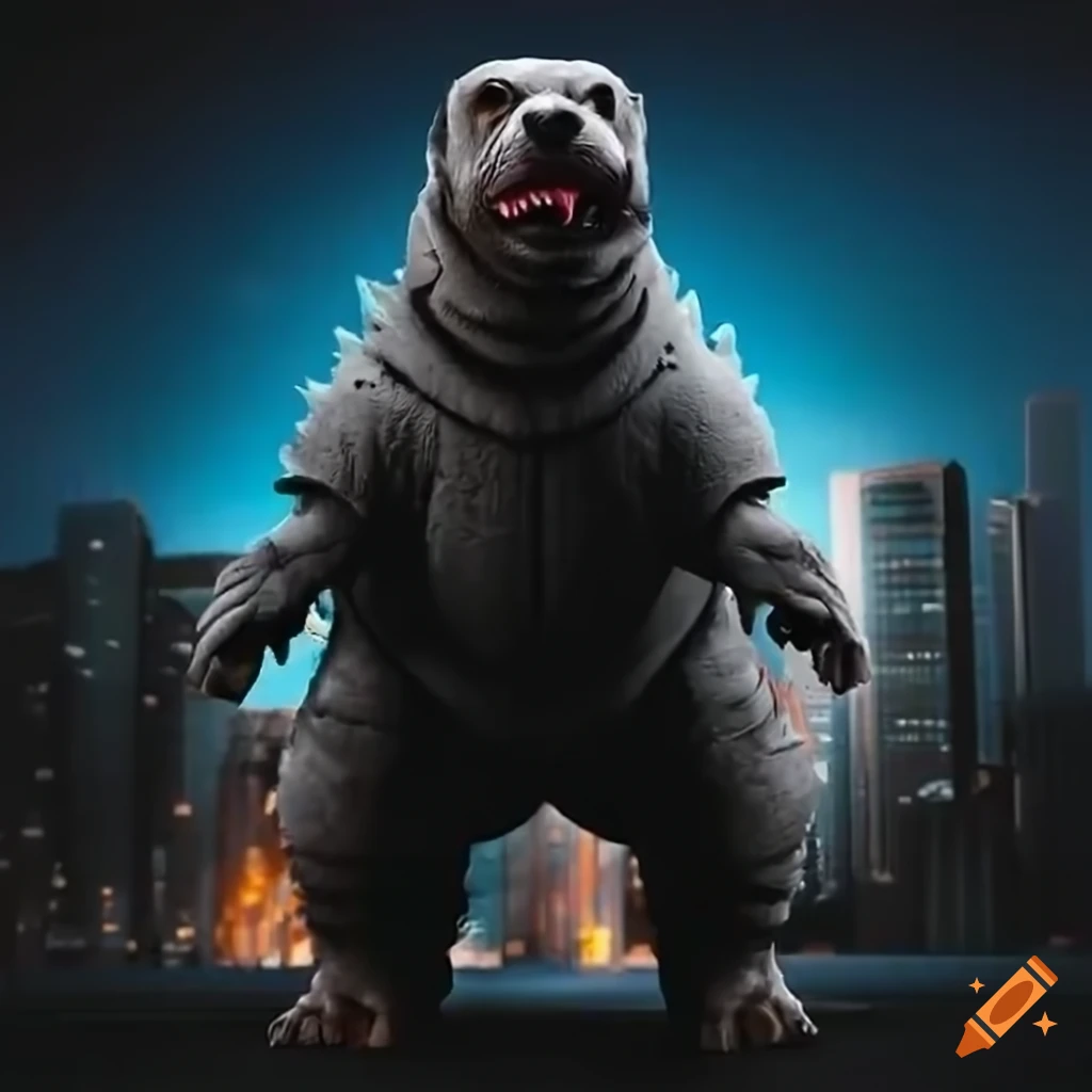 Cartoon dog dressed as godzilla in dogzilla city on Craiyon