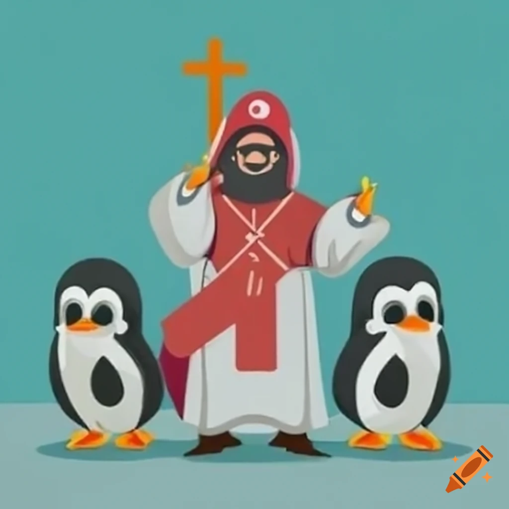 Priest blessing playful penguins on Craiyon
