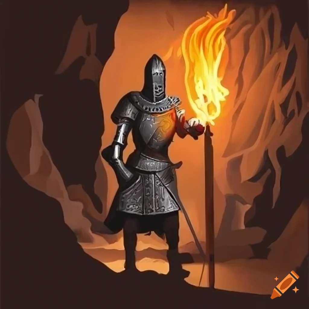 Knight with torch entering a cave on Craiyon