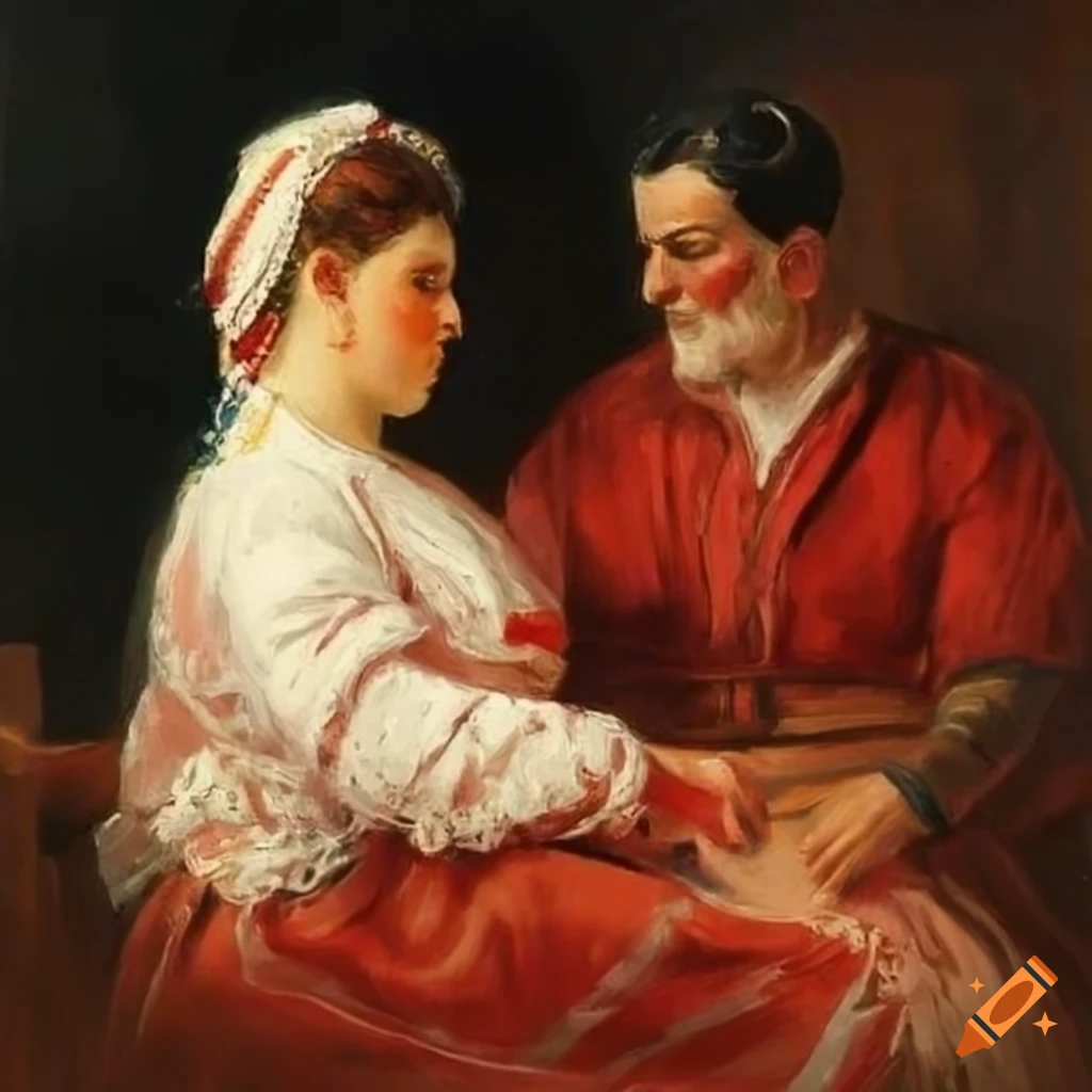 Man and woman in traditional Maronite clothes with an impressionist ...