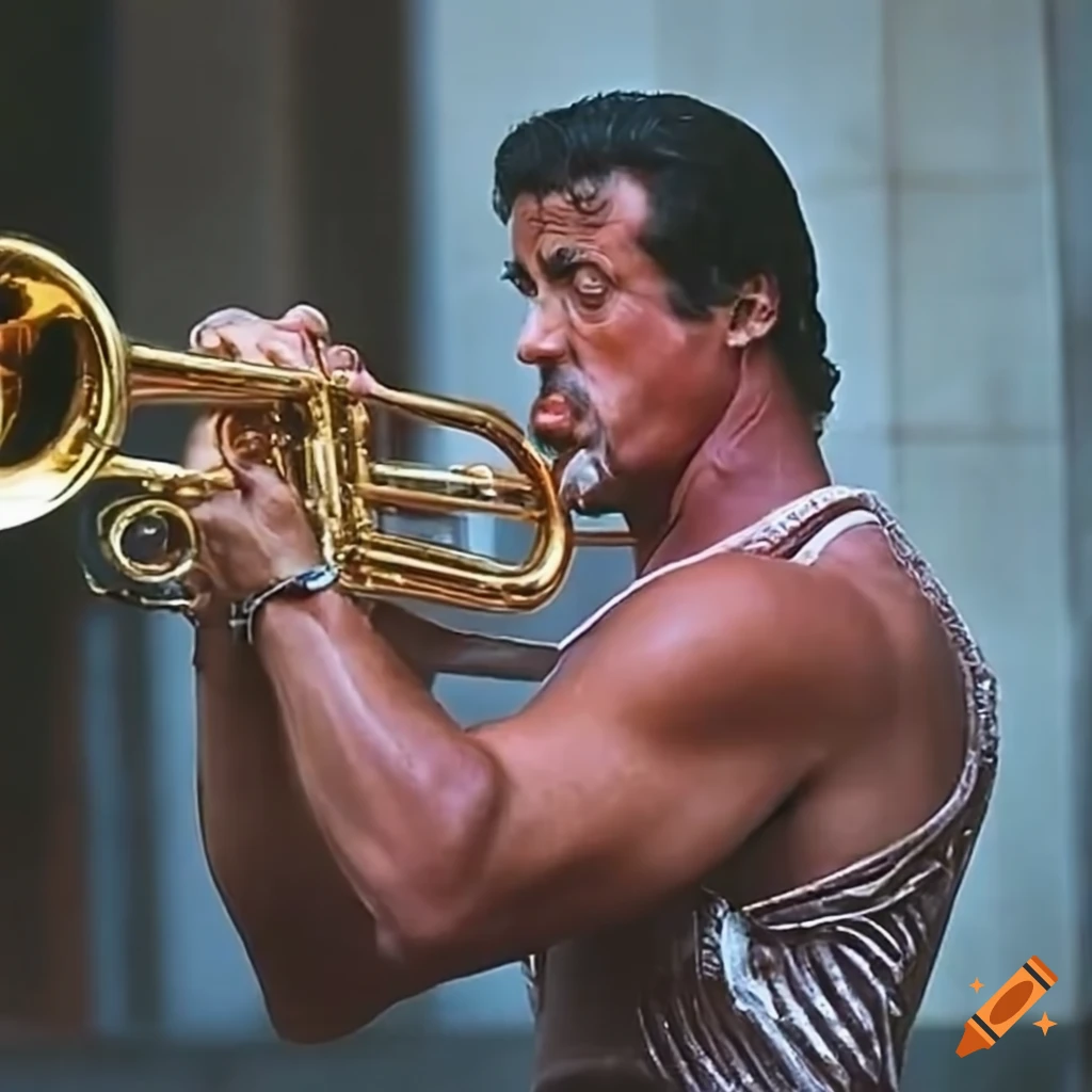 Iconic action hero playing the trumpet in a casual setting on Craiyon