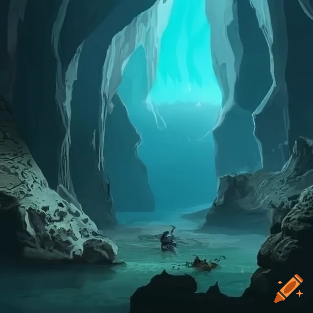 Entrance of a sea cave with a giant octopus guarding it in a dungeons ...