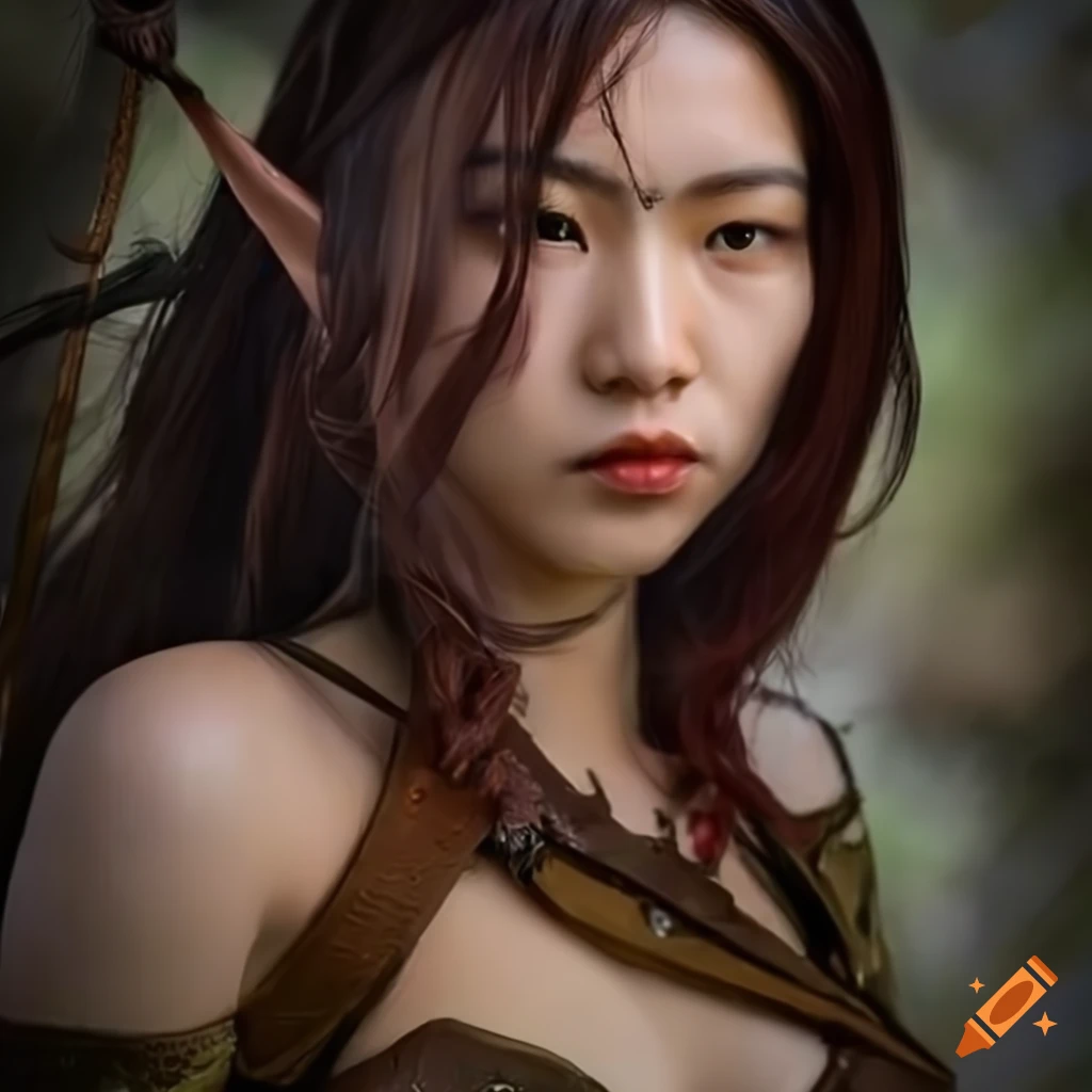 Half-asian wood elf ranger with copper complexion and dark brown hair ...