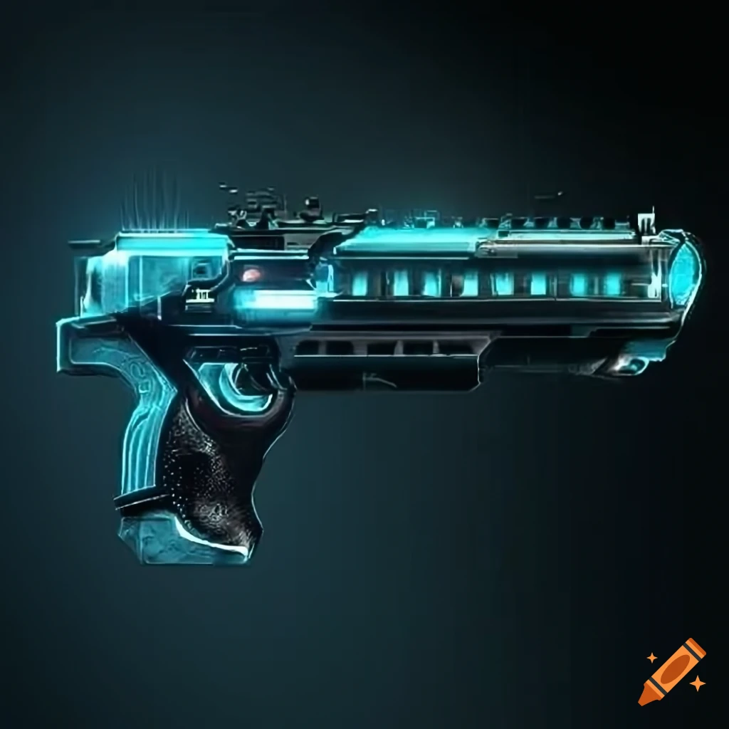 Futuristic pistol with cybernetic enhancements and technology on Craiyon