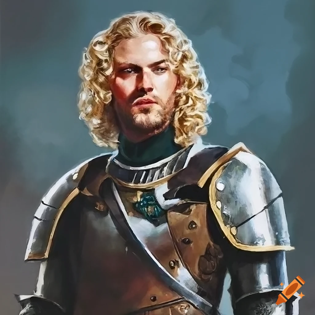 Handsome blonde knight in leather armor wielding a broadsword in a pulp ...