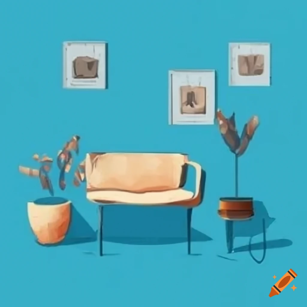 Soviet room with blue walls, posters, and dried plant on Craiyon