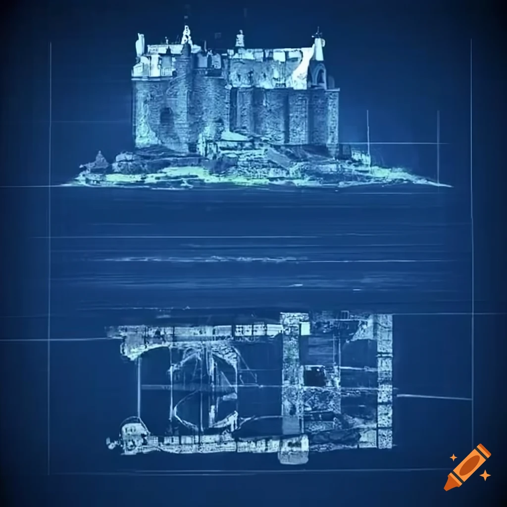 Technical blueprint of scottish castle eilean donan on Craiyon