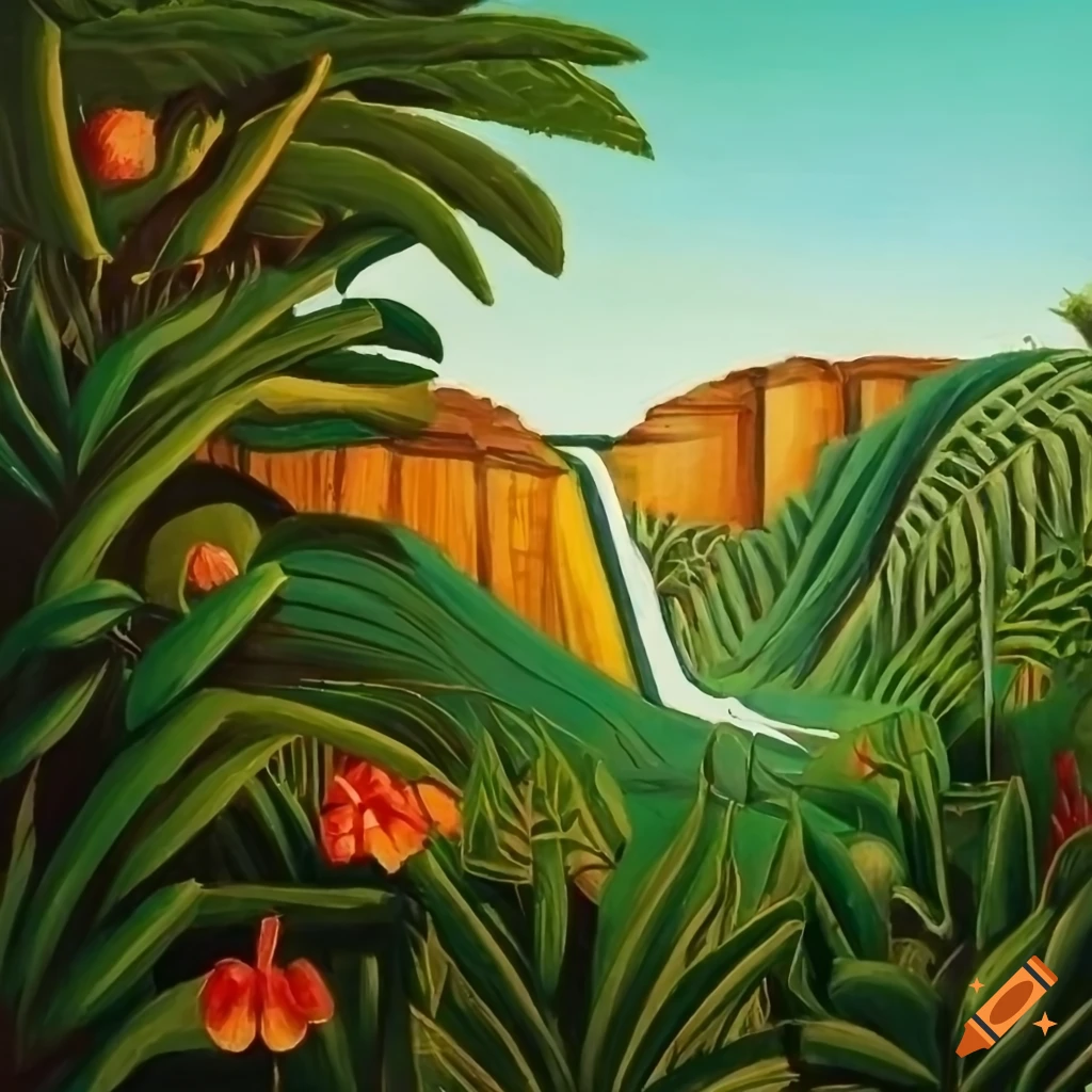 Calandula falls in northwestern angola surrounded by tropical rainforest in henri rousseau style ...