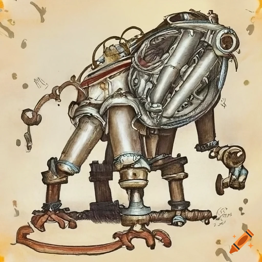 Strange mechanical animal on parchment background in mtg fantasy art ...
