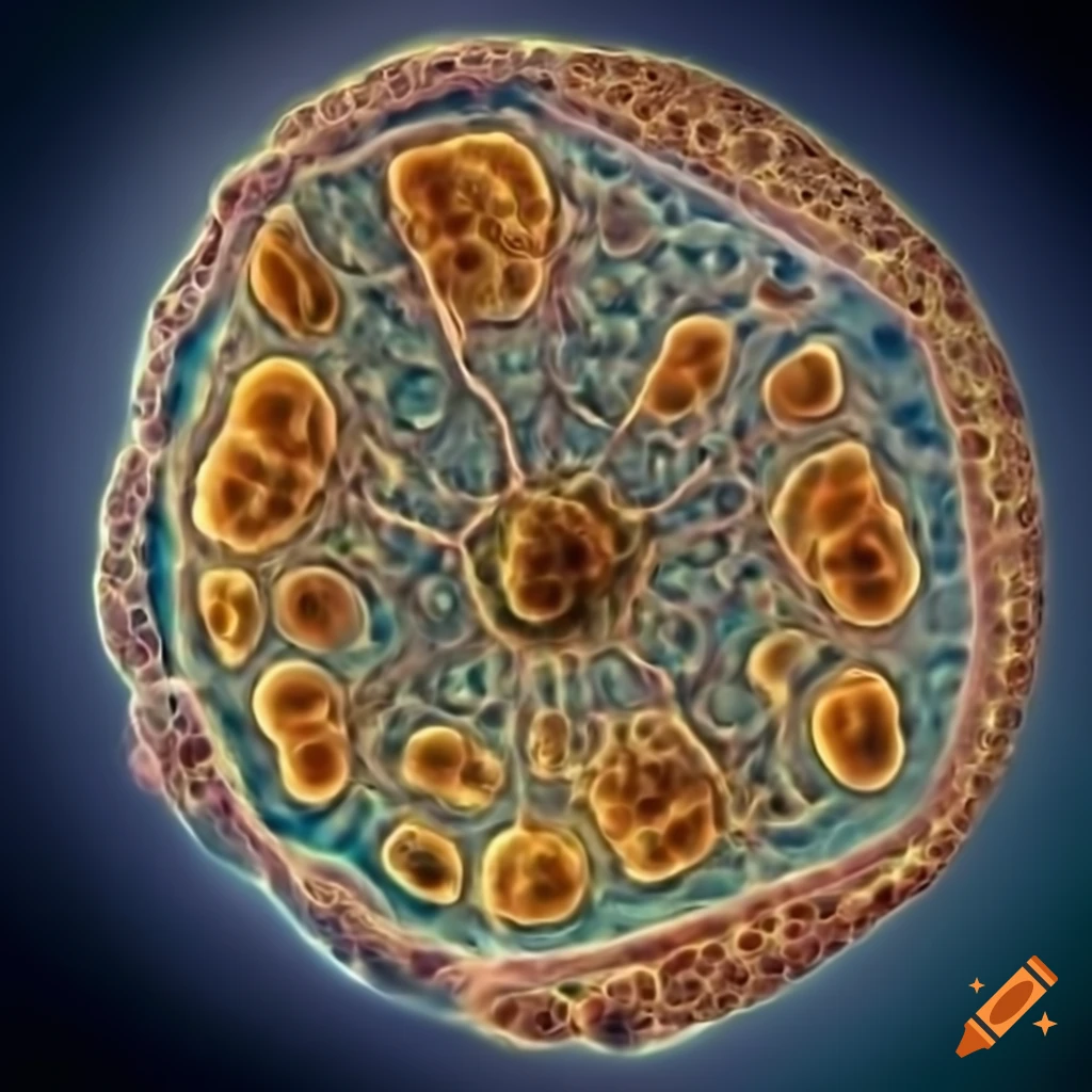 Microscopic view showing lysosomes breaking down cellular debris on Craiyon