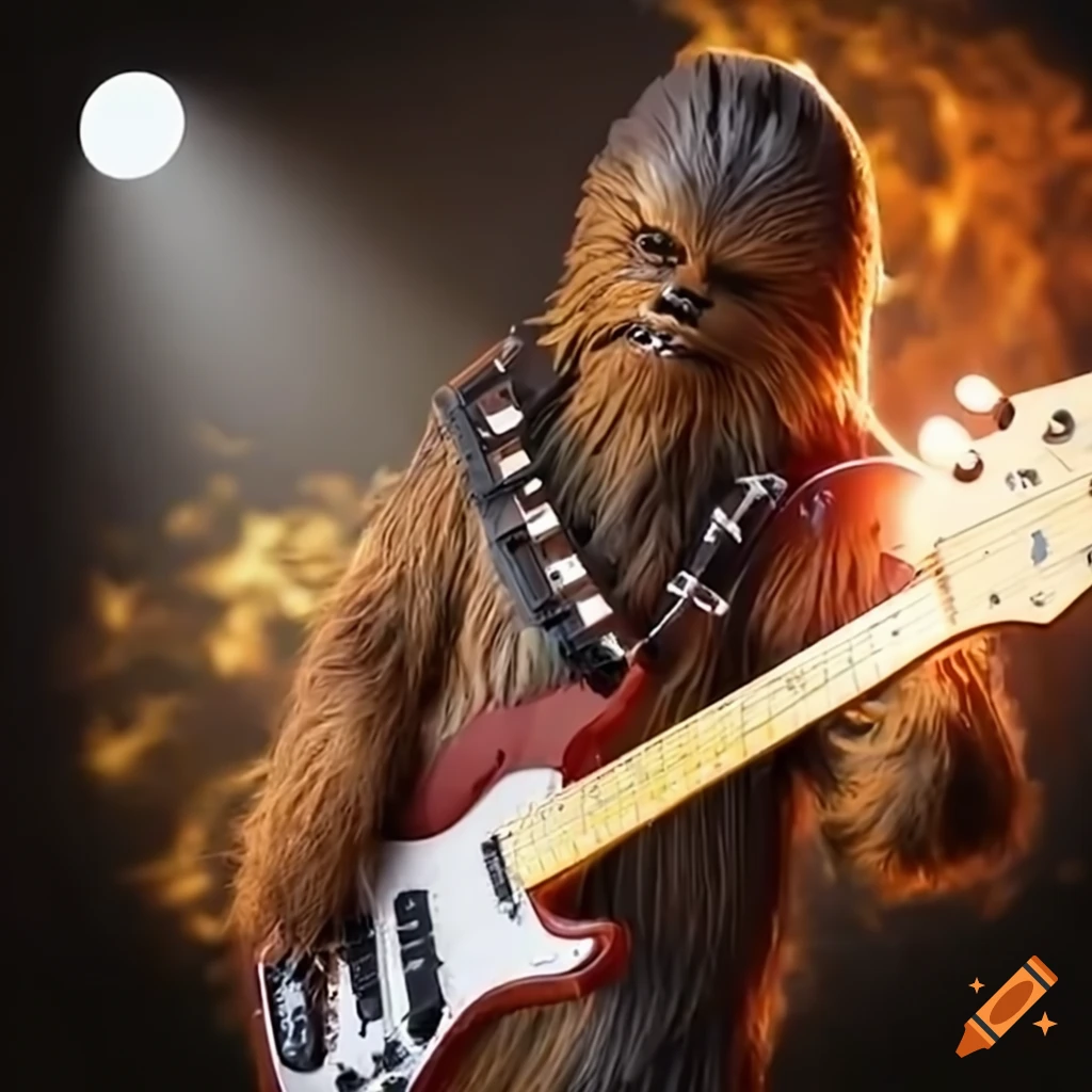 Chewbacca playing an electric bass guitar with an explosion in the ...