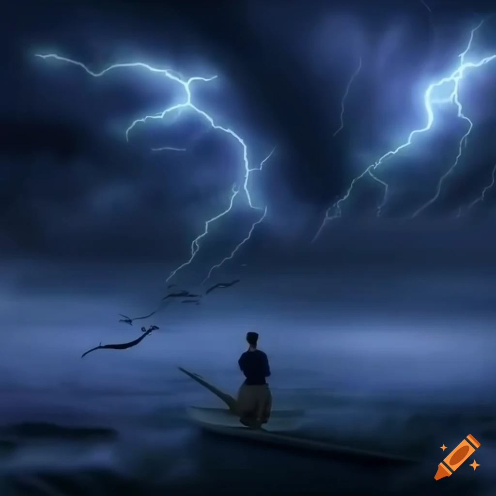 Man rowing a boat in a stormy sea with thunder on Craiyon