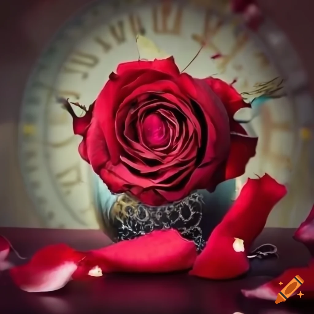 Beautiful red rose with curled petals on vintage clock background on ...