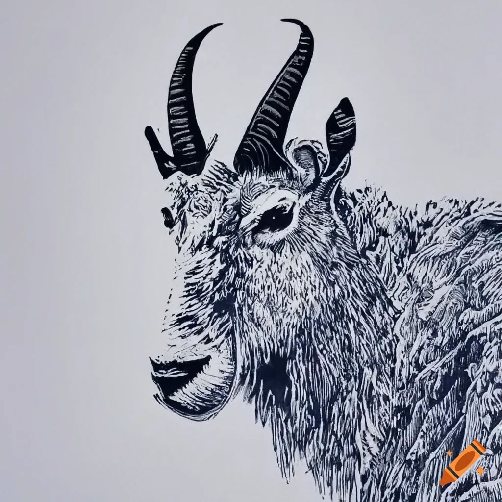 Rugged mountain goat in a snow storm, linocut style on Craiyon