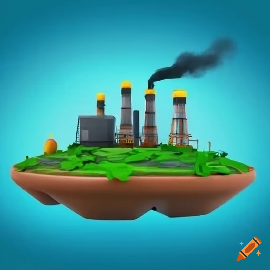 3D oil processing plant on a floating island in cartoon style on Craiyon