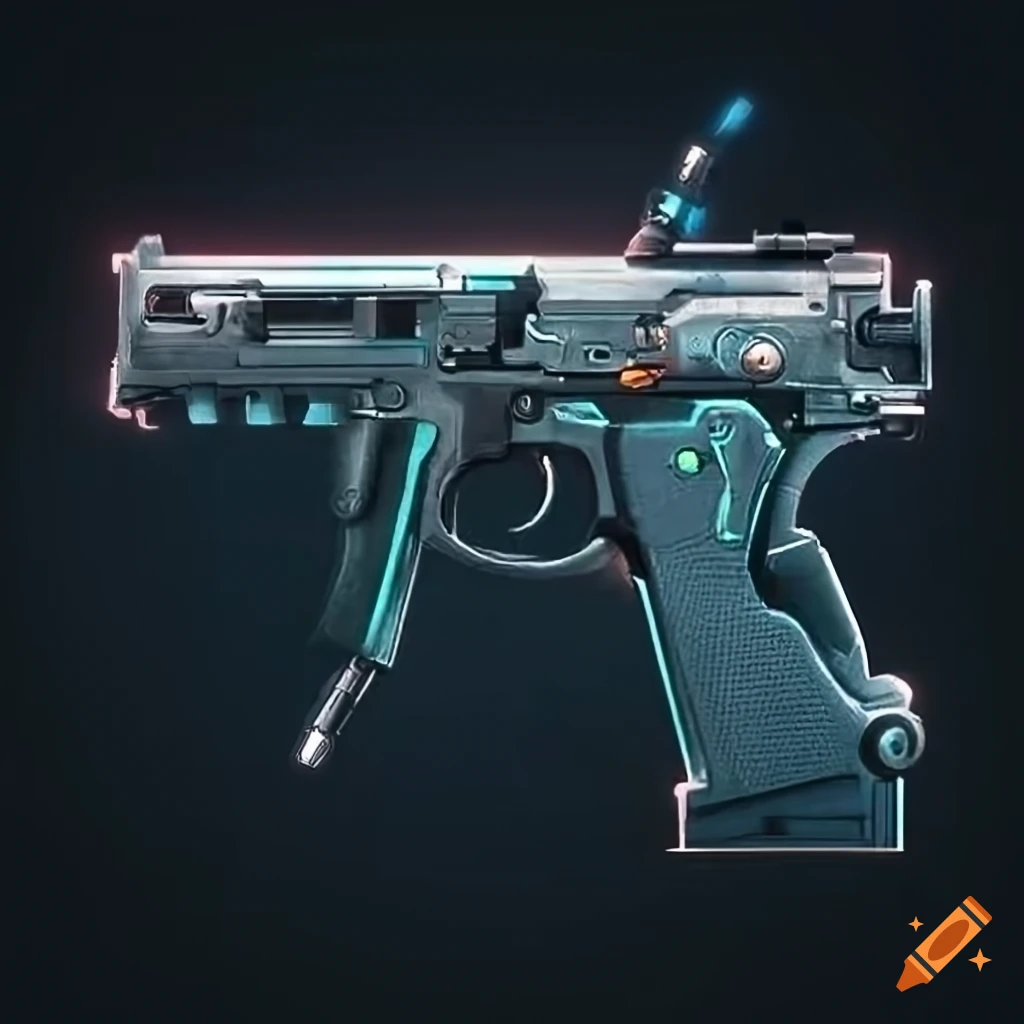 Futuristic pistol in a cybernetic technology setting on Craiyon