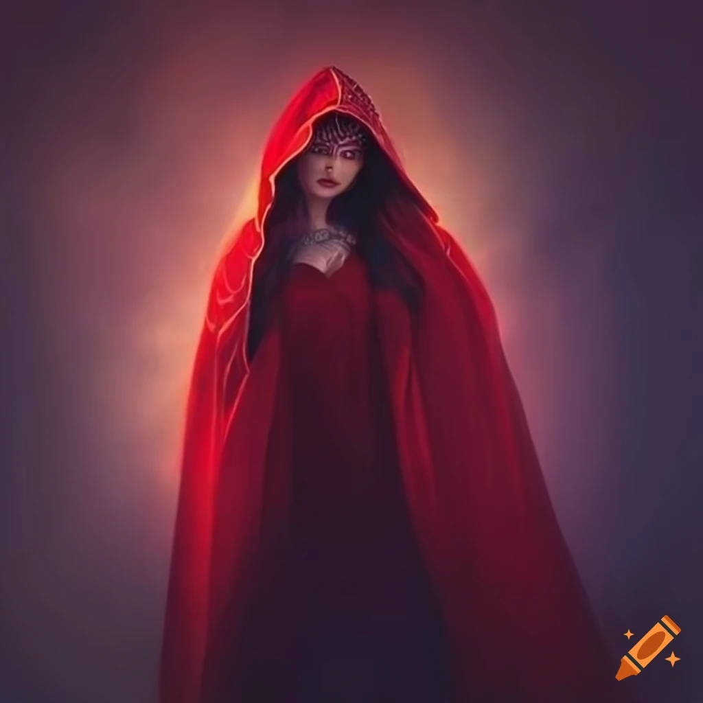 Mesmerizing woman in a red cloak wrapped in glowing ruby magic on Craiyon