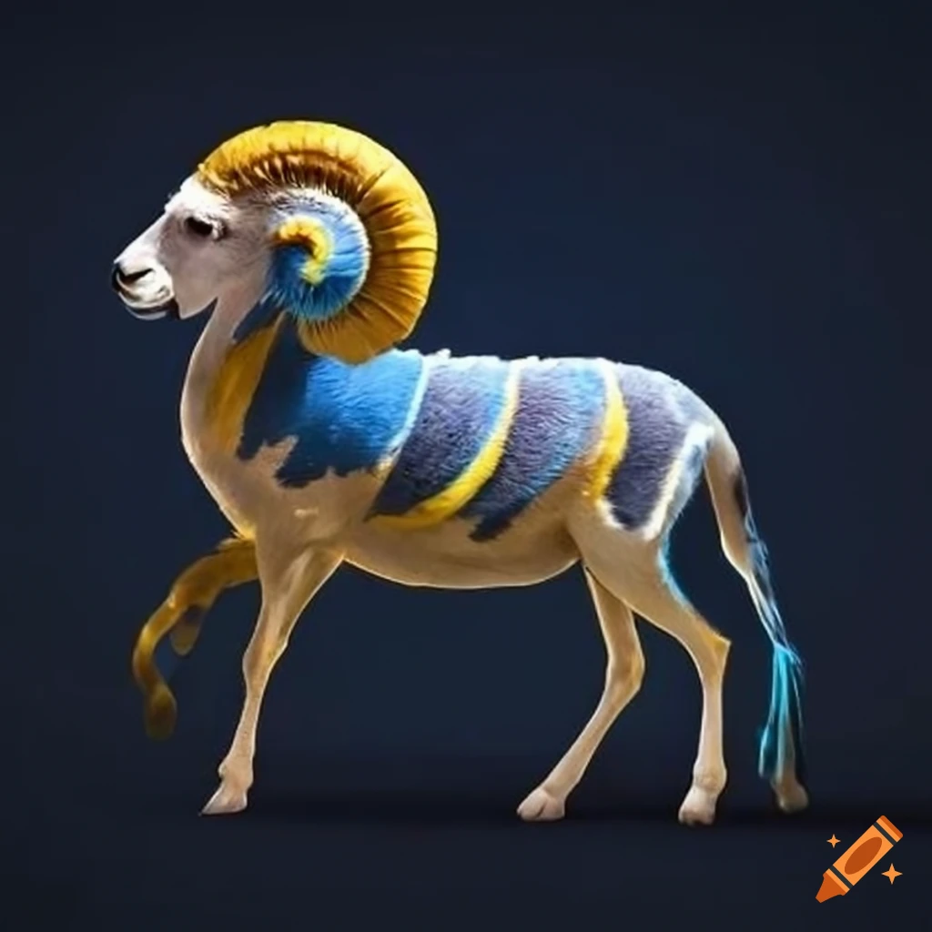 Blue and yellow warrior riding a ram on Craiyon