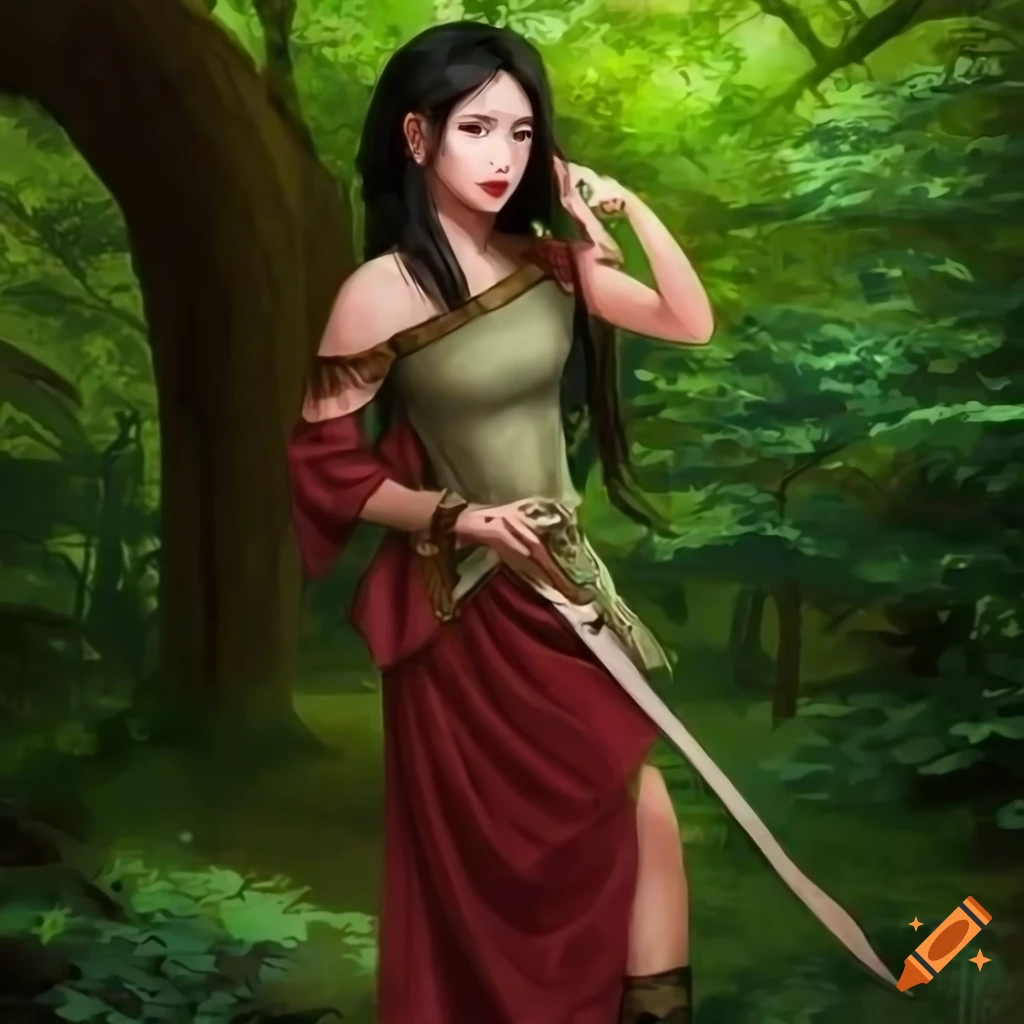 Half-Asian woman as DND elf character in tunic with sickle among lush ...