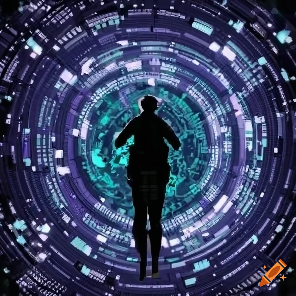 Person falling into a time loop in a digital cyberscape with 8 bit ...