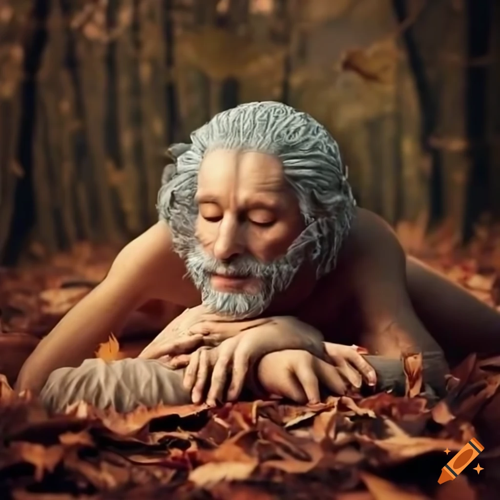 Ancient man sleeping on the ground among leaves on Craiyon