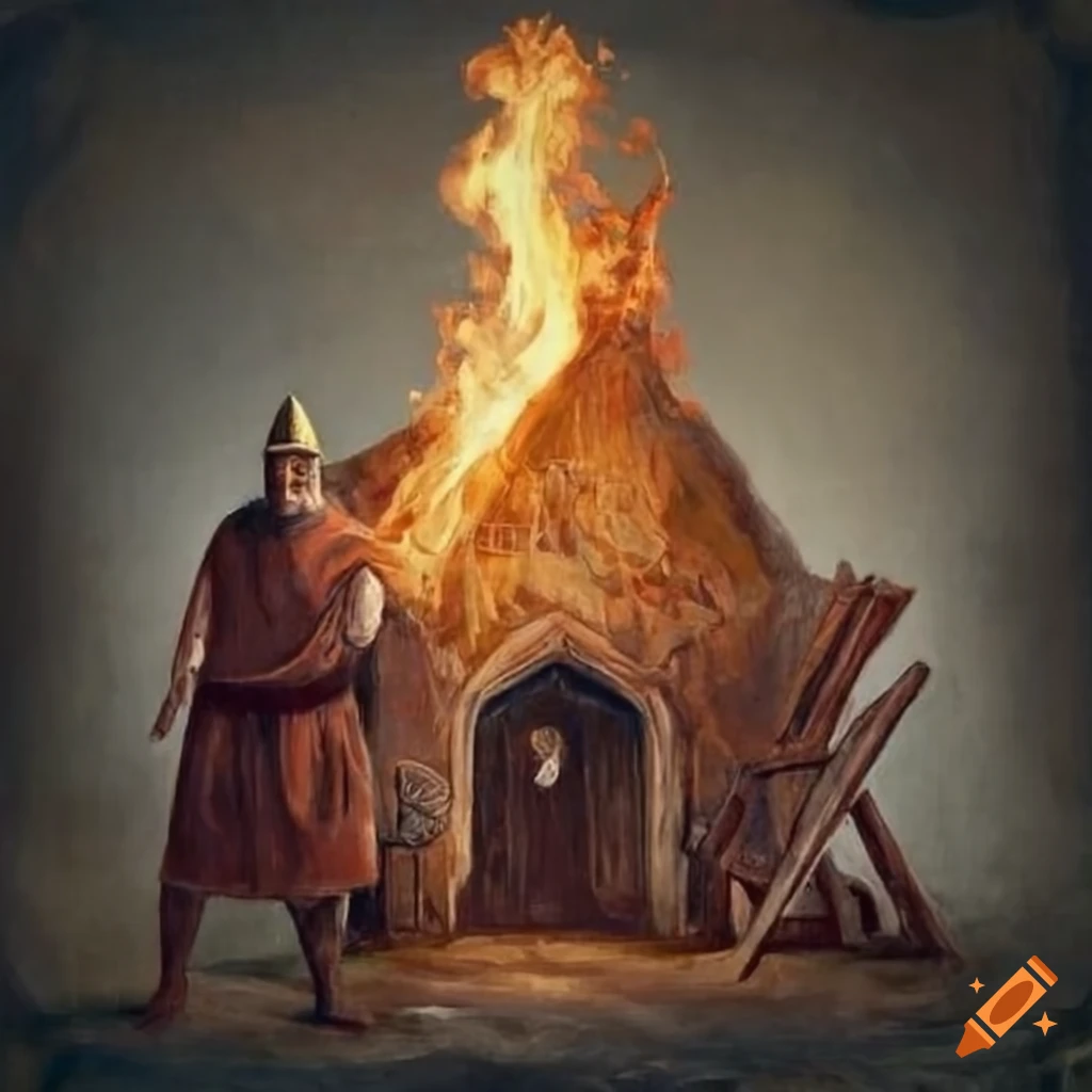 Medieval fresco depicting a viking setting fire to a village on Craiyon