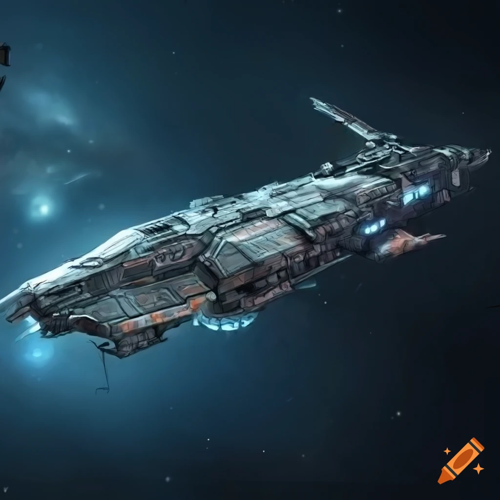 Realistic portrait of a warship spaceship with guns flying in space on ...