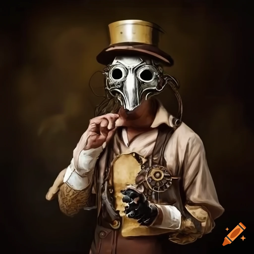 Steampunk male doctor with metal mask and mechanical hand on Craiyon