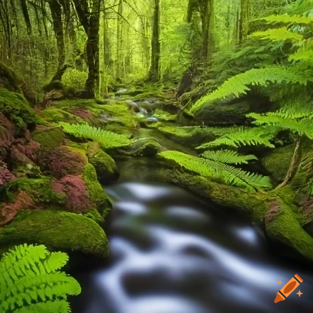 Enchanting fairy forest with creek and giant ferns on Craiyon