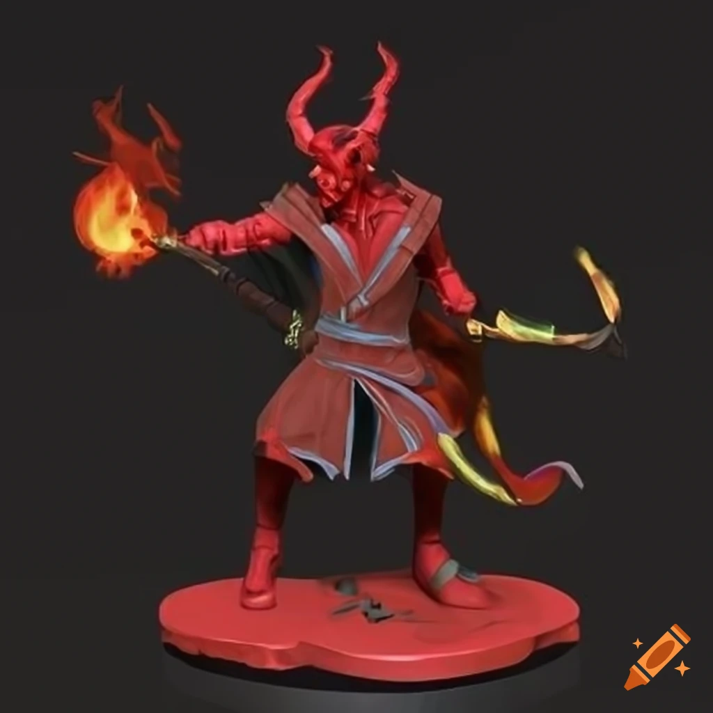 Male red tiefling sorcerer casting firebolt with a staff on Craiyon
