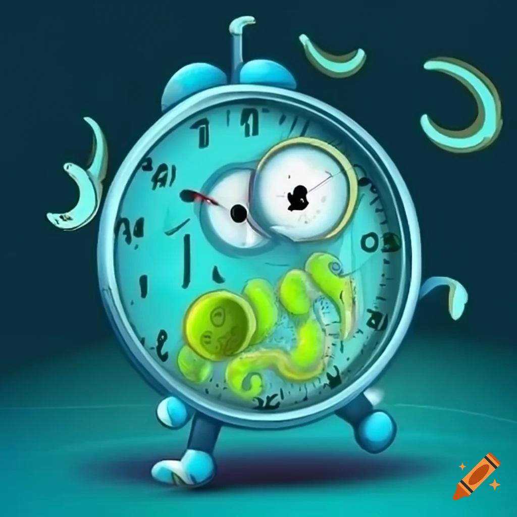 Cartoon bacteria inspecting a clock through a magnifying glass on Craiyon