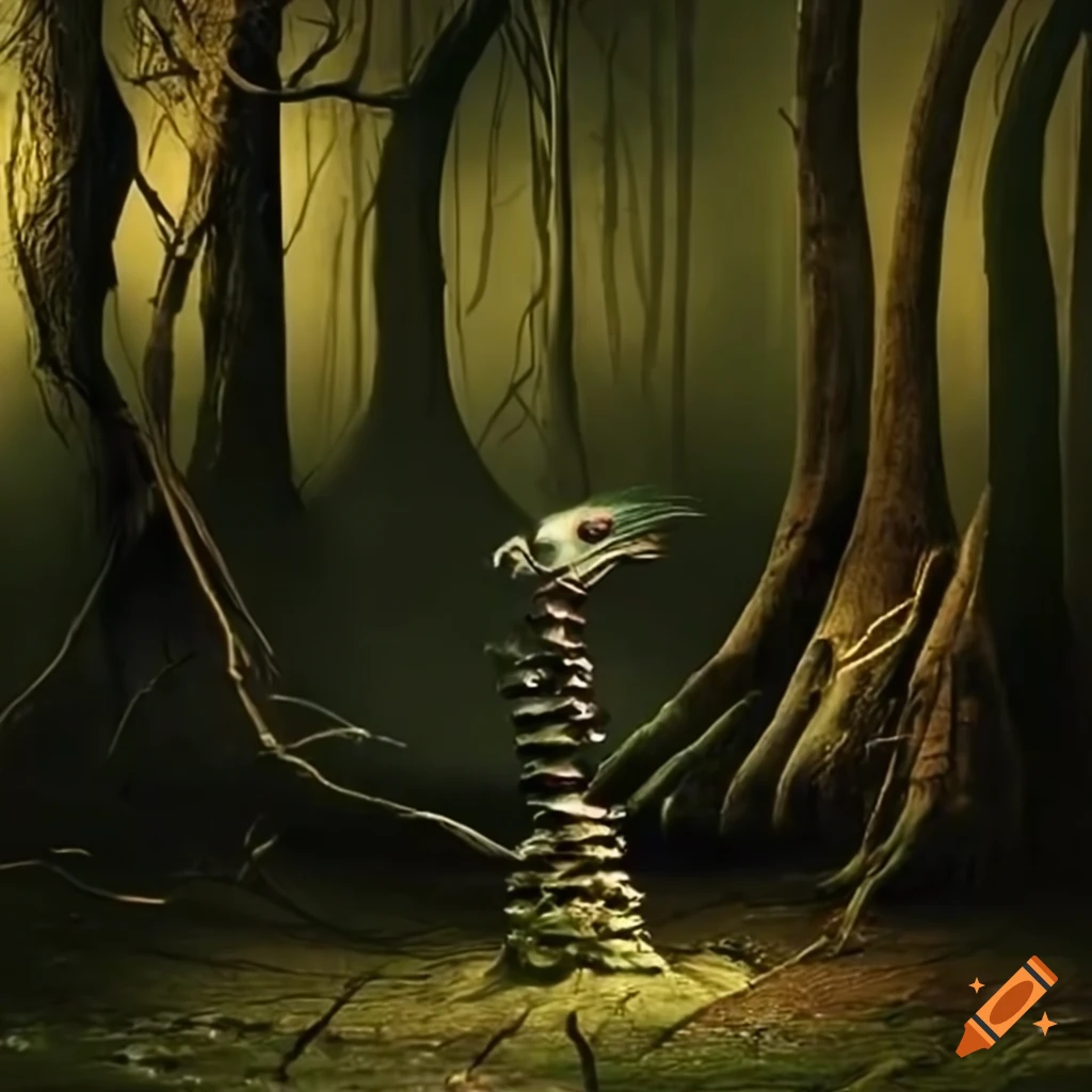 Surrealistic junkyard with strange totems near a surreal forest, swamp ...